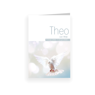 Moderne rouwbrief met foto van duif en ruimte voor naam