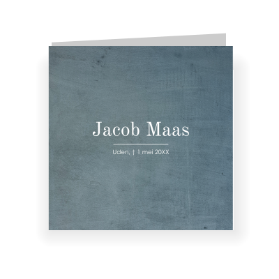 Moderne rouwkaart man in blauw met strakke typografie